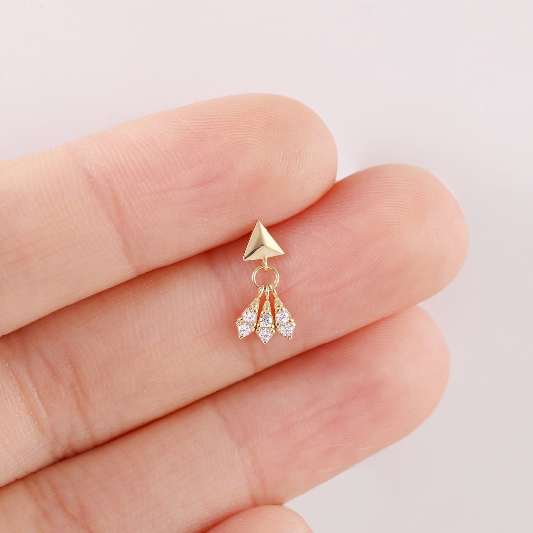 14k Solid Gold Triangle Labret Cartilage Piercing Earring With Hanging ...