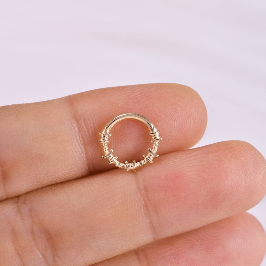 14K Solid Gold Barbed Wire Septum Ring, Gold Thorns Hoop Ring, Helix ...