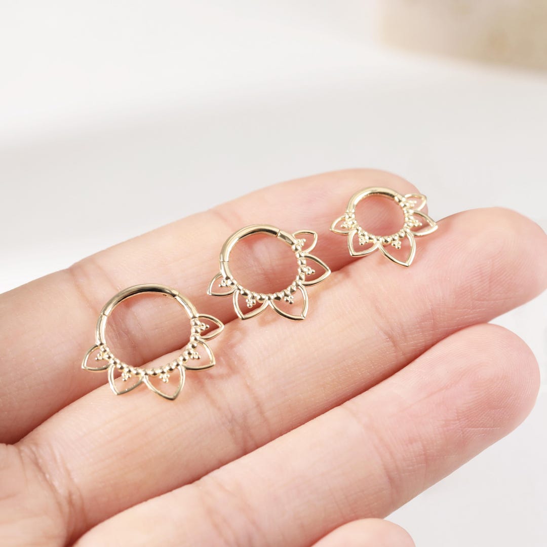14k Solid Gold Lotus Petal Daith Clicker Ring Mandala Flower Septum ...