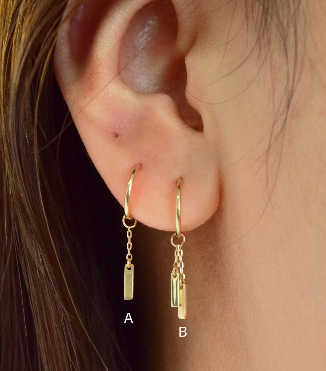 14K Solid Gold Rectangle Bar Charm Cartilage Hoop Charm Daith Helix ...