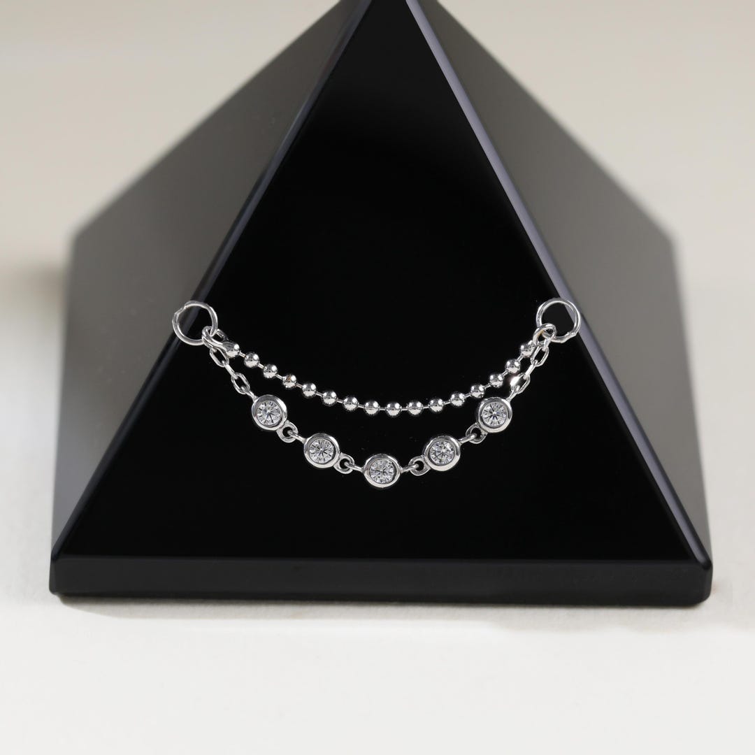 14K Solid White Gold Double Chain Attachment, Bezel Set Diamond ...
