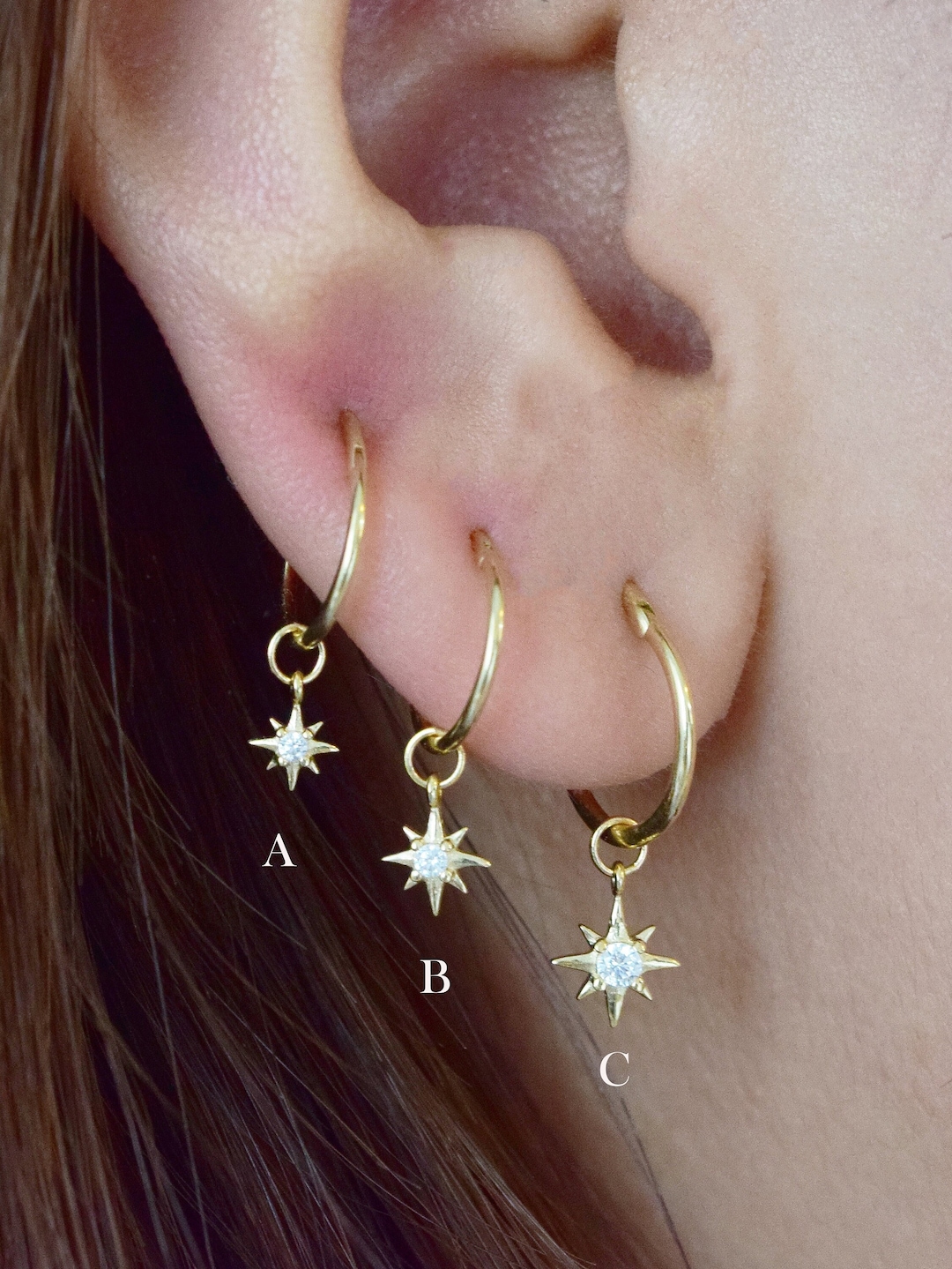 14K Solid Gold Tiny Starburst Hoop Charm Cartilage Hoop Gold Star Helix ...