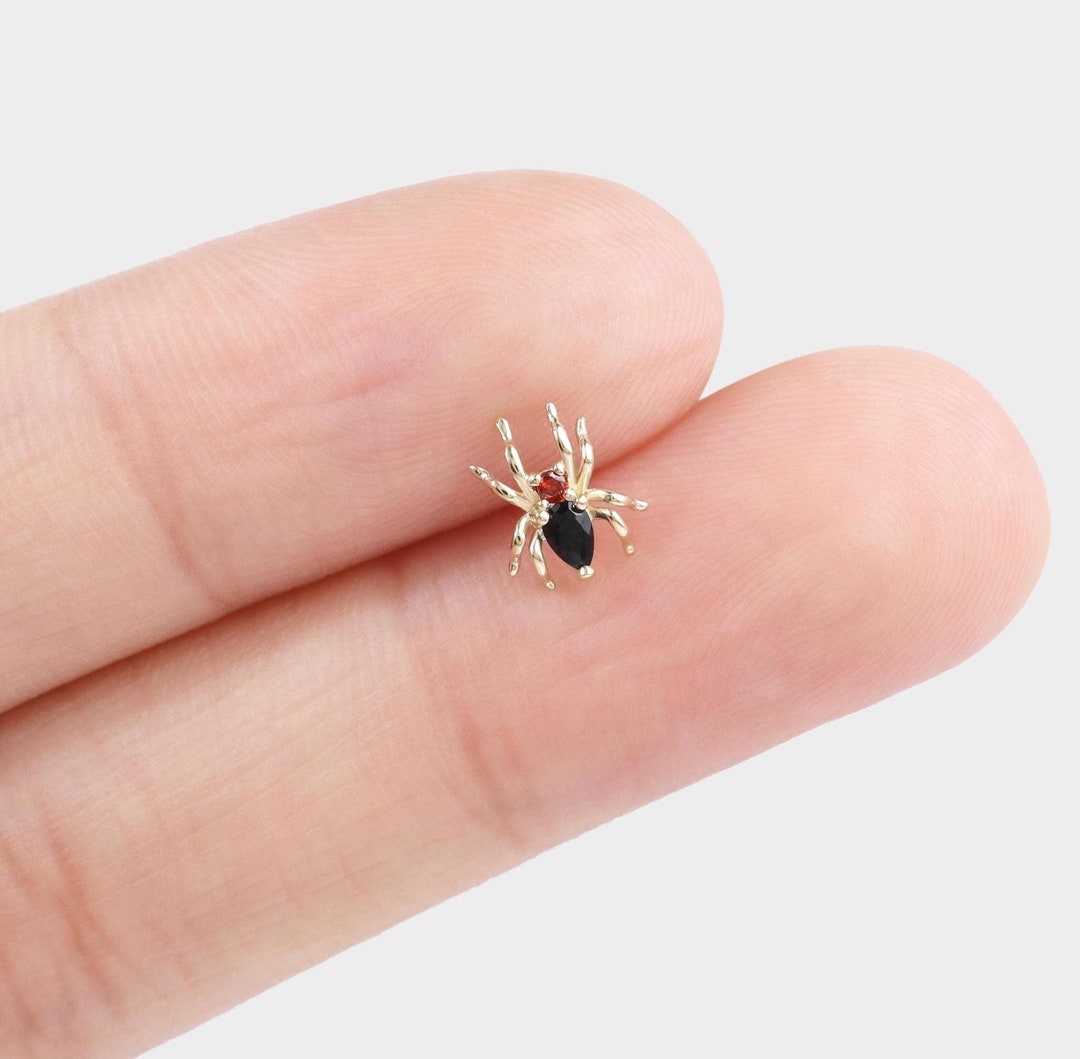 14k Solid Gold Black Spider Cartilage Earring Spider Helix Stud Tragus ...