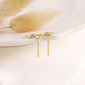 14K Solid Gold Long Dangle Drop Charm Thin Bar Chain Charm Tragus Rook ...