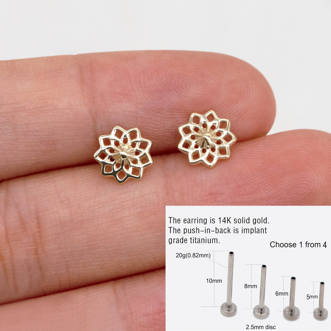 14k Solid Gold Flower Stud Earring Lotus Flower Cartilage Earring Flower Helix Stud Conch Tragus ...