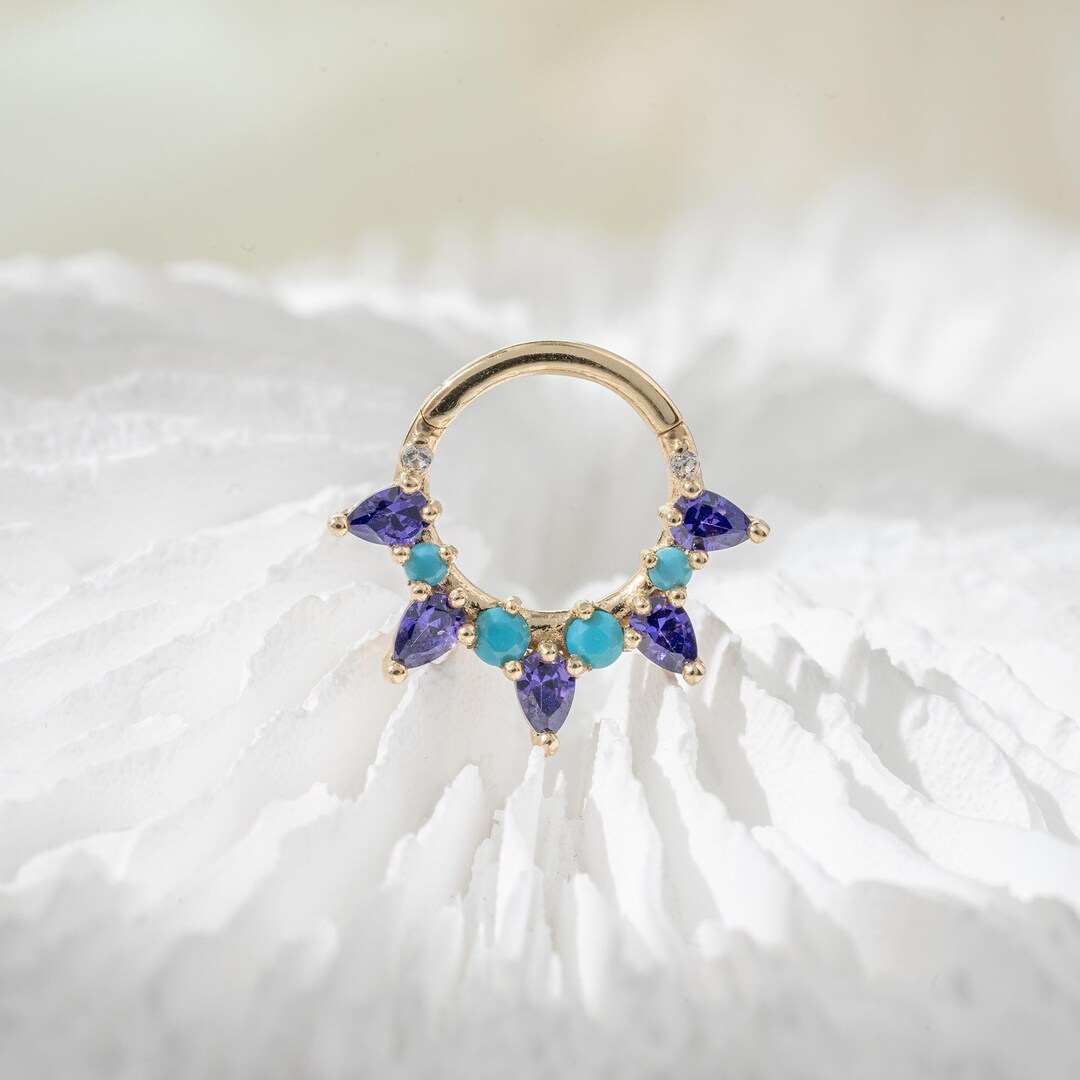 14k Solid Gold Turquoise Lotus Flower Septum Ring Gold Daith Hoop Clicker Cartilage Hoop Earring ...
