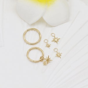 14K Solid Gold Charm Earring 8 Point Star Charm Cartilage Hoop Charm Daith Helix Hoop Charm ...