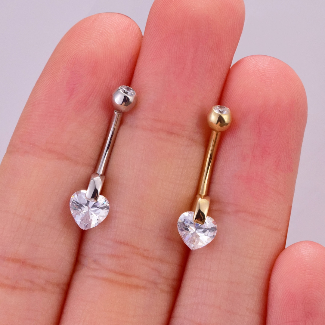 14K Solid Gold Dainty Heart Belly Ring Heart Belly Button Heart Navel ...