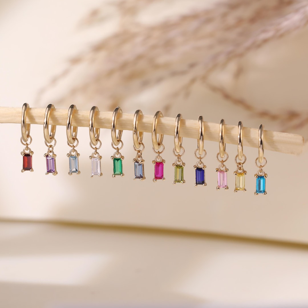 14K Solid Gold Baguette Birthstone Hoop Charm, Dangle Birthstone ...