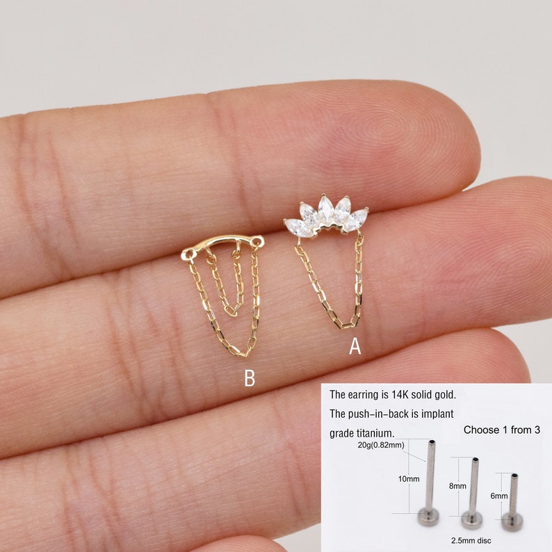 14k Solid Gold Cubic Crown Cartilage Stud Dangle Chain Stud - Etsy
