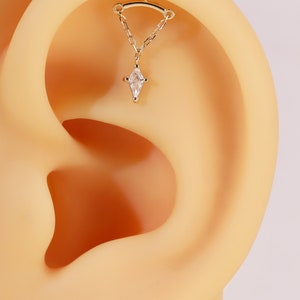 14k Solid Gold Dangle Chain Stud Earring Dangle Marquise and Square Helix Stud Tragus Stud ...