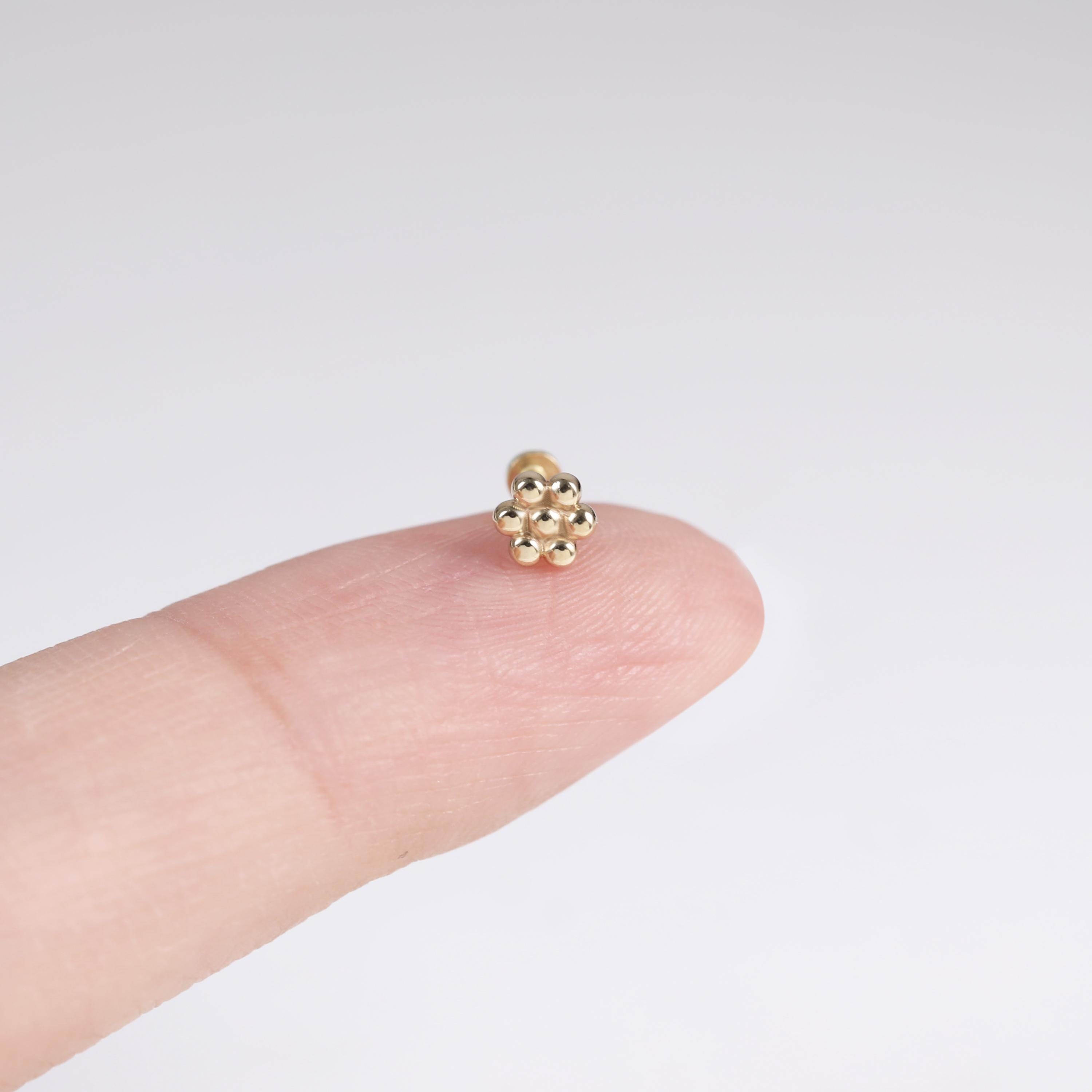 14K Solid Gold Floral Beaded Cluster Push Back Stud Earring, Tiny Gold ...