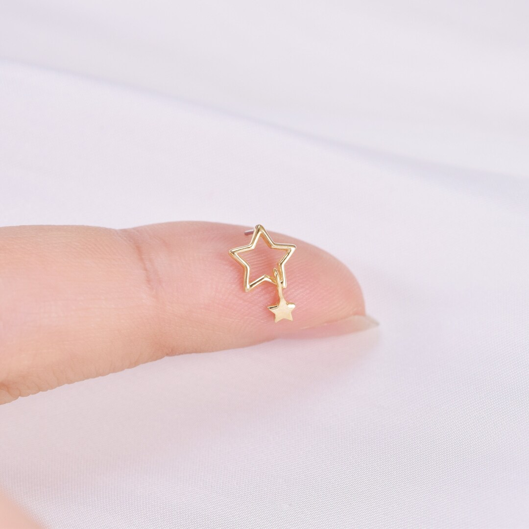 14k Solid Gold Dandle Star Shape Stud Earring Drop Earring Celestial ...