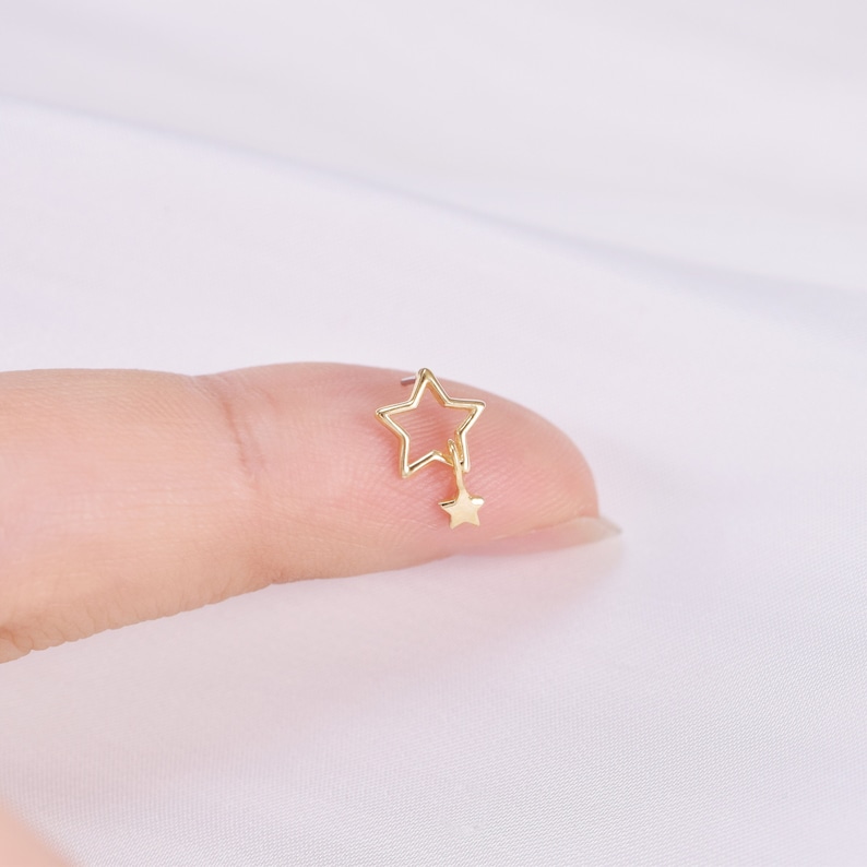 14k Solid Gold Dangle Star Helix Flat Back Stud Double Star Celestial ...