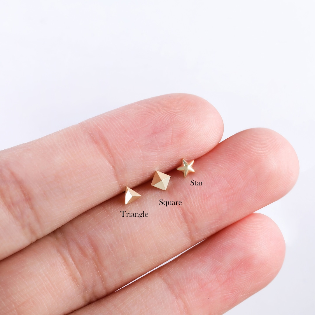 14K Solid Gold Tiny Star Helix Stud, Pyramid Cartilage Earring, Triangle Tragus Stud, Conch ...