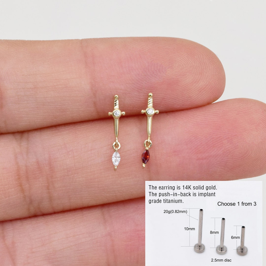 14k Solid Gold Sword and Blood Drop Stud Earring Dainty Dagger Dangle Cartilage Stud Conch Stud ...