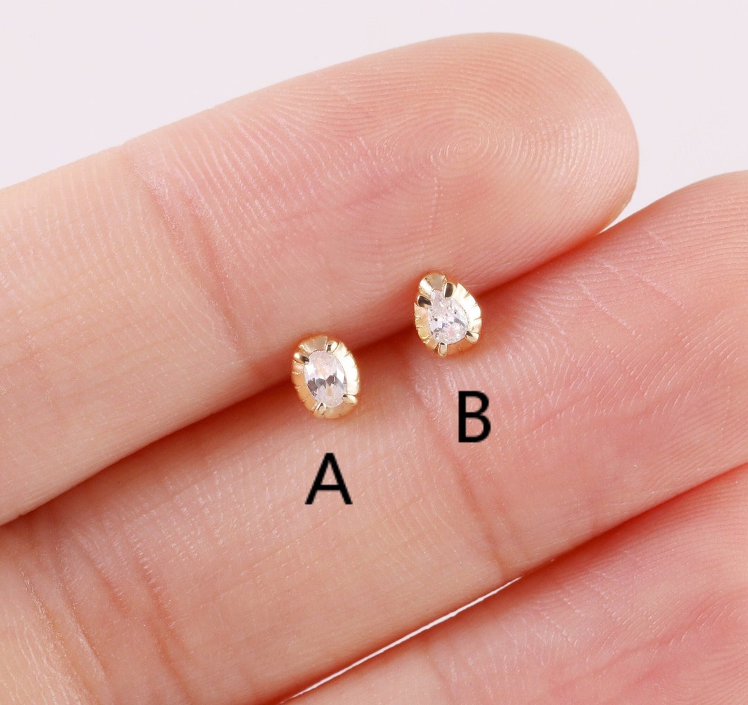 14k Solid Gold Pear Shape Stud Earring Oval Stud Earring Threadless ...