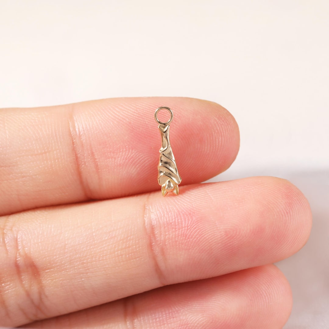 14K Solid Gold Hanging Bat Charm, Halloween Pendent, Gold Down Bat Rook ...