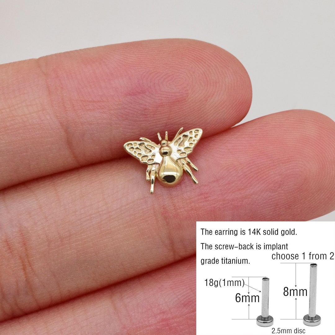 14k Solid Gold Bee Stud Earring Honey Bee Cartilage Earring Bumble Bee ...
