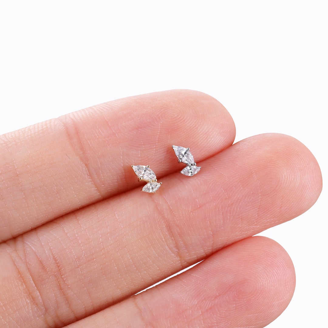 14K Solid Gold White Gold Leaf Stud Earring, Cluster Stud Earring ...