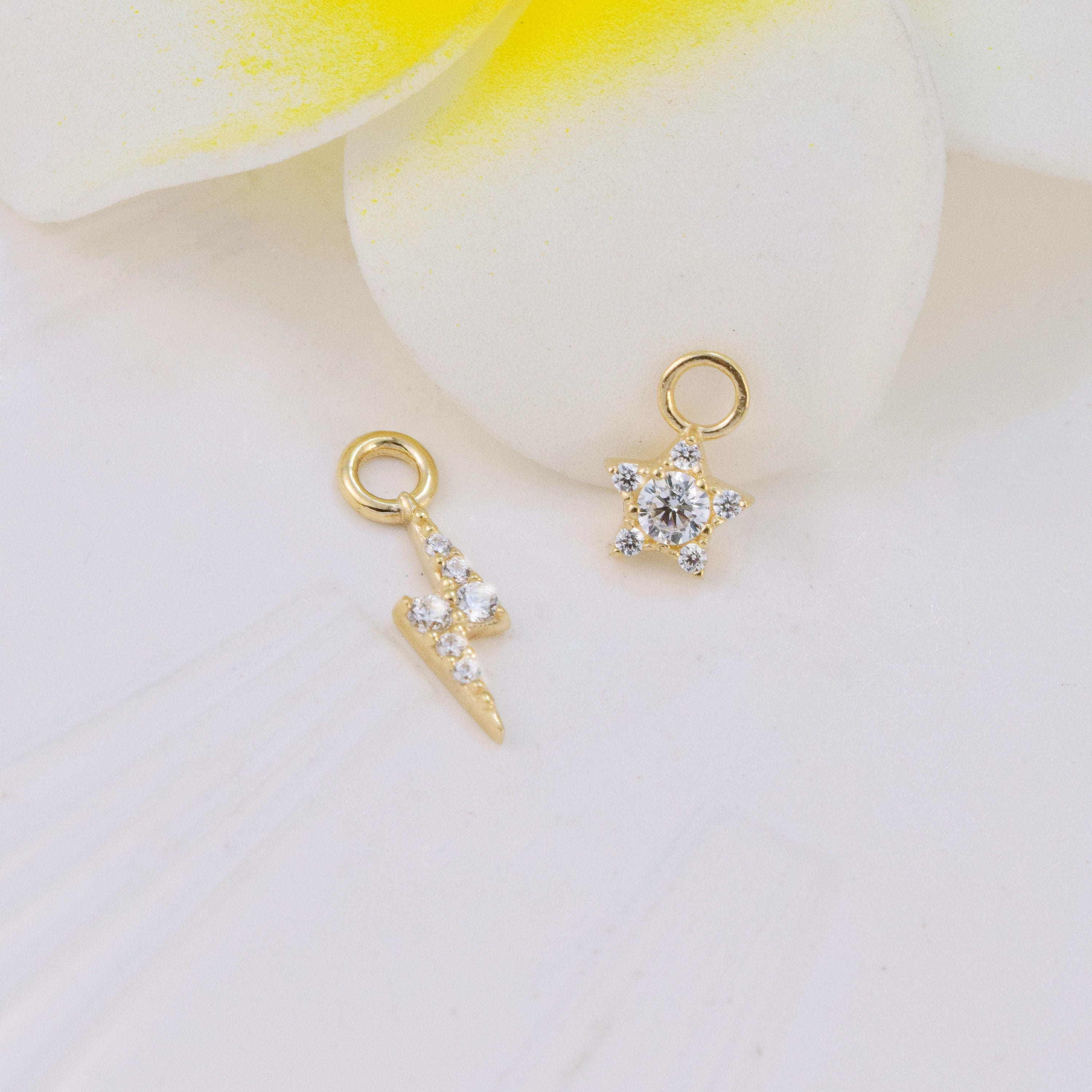 14K Solid Gold Dangle Lightning Bolt Huggie Charm Starburst Huggie ...
