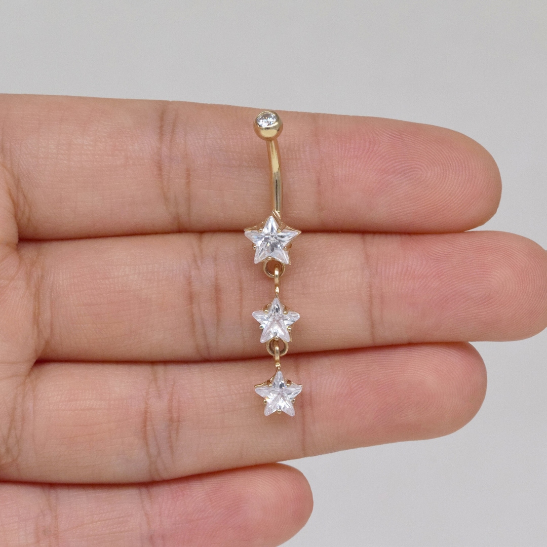 14k Solid Gold Dangle Star Belly Button Ring Triple Stars Belly Button ...