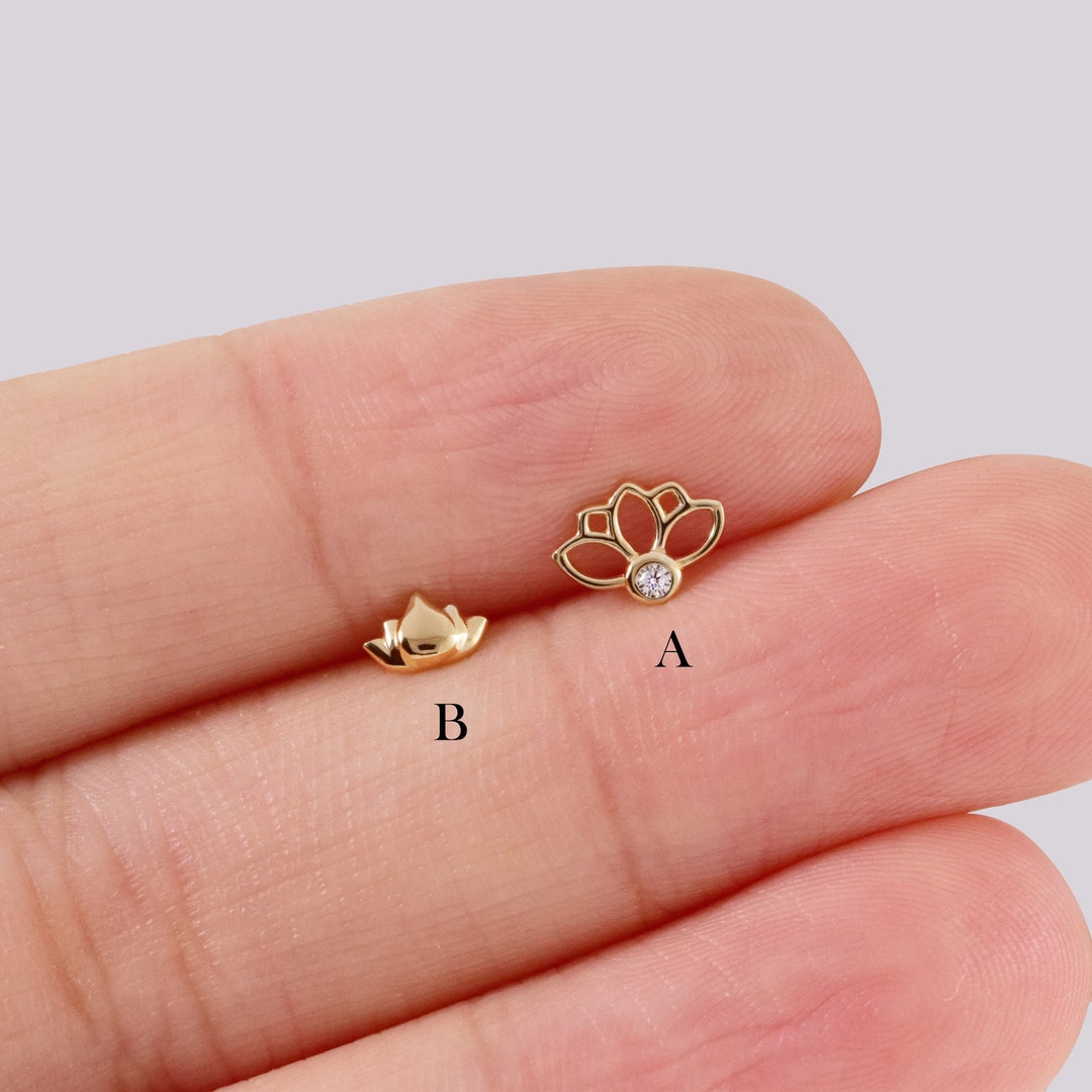 14k Solid Gold Lotus Flower Cartilage Earring Floral Helix Stud Conch ...