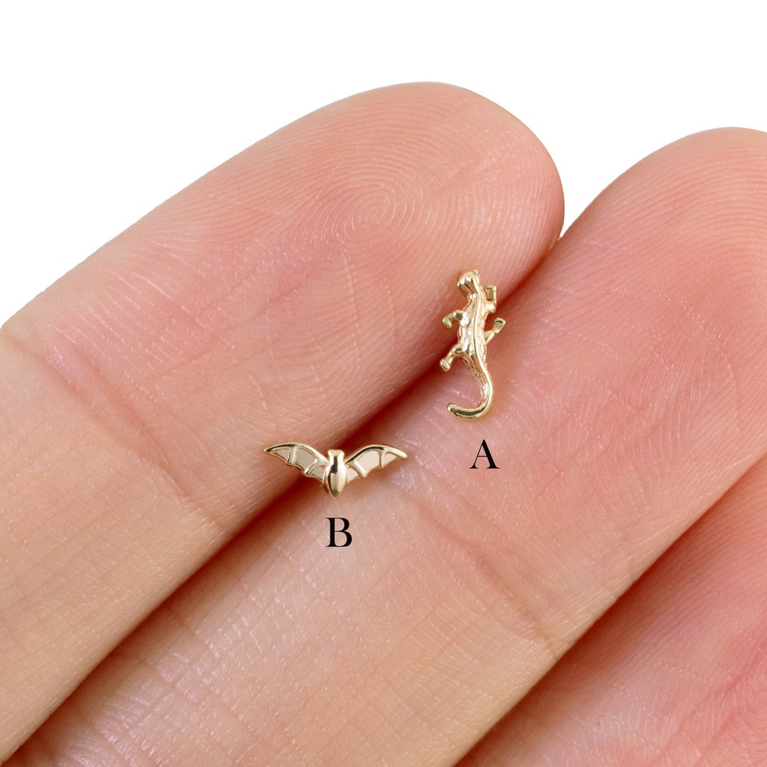 14K Solid Gold Bat Cartilage Earring Gecko Helix Stud Cute Animal Conch ...