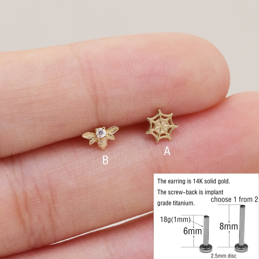 14k Solid Gold Bee Stud Earring Cute Spider Web Internally Threaded ...