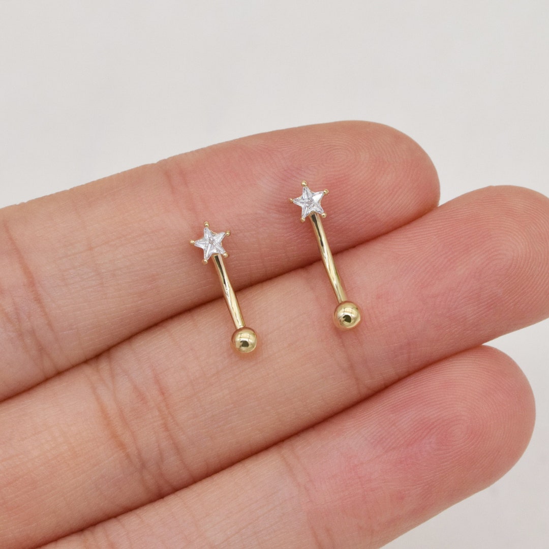 14K Solid Gold Star Rook Piercing Dainty Star Shape Stone Eyebrow ...