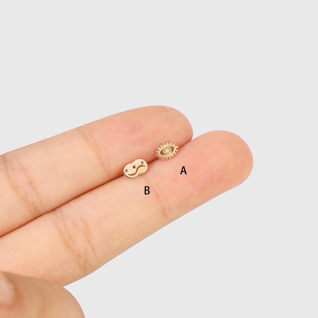 14K Solid Gold Tiny Funny Smiley Face Stud Earring Exquisite Eye Cartilage Stud Conch Stud Helix ...
