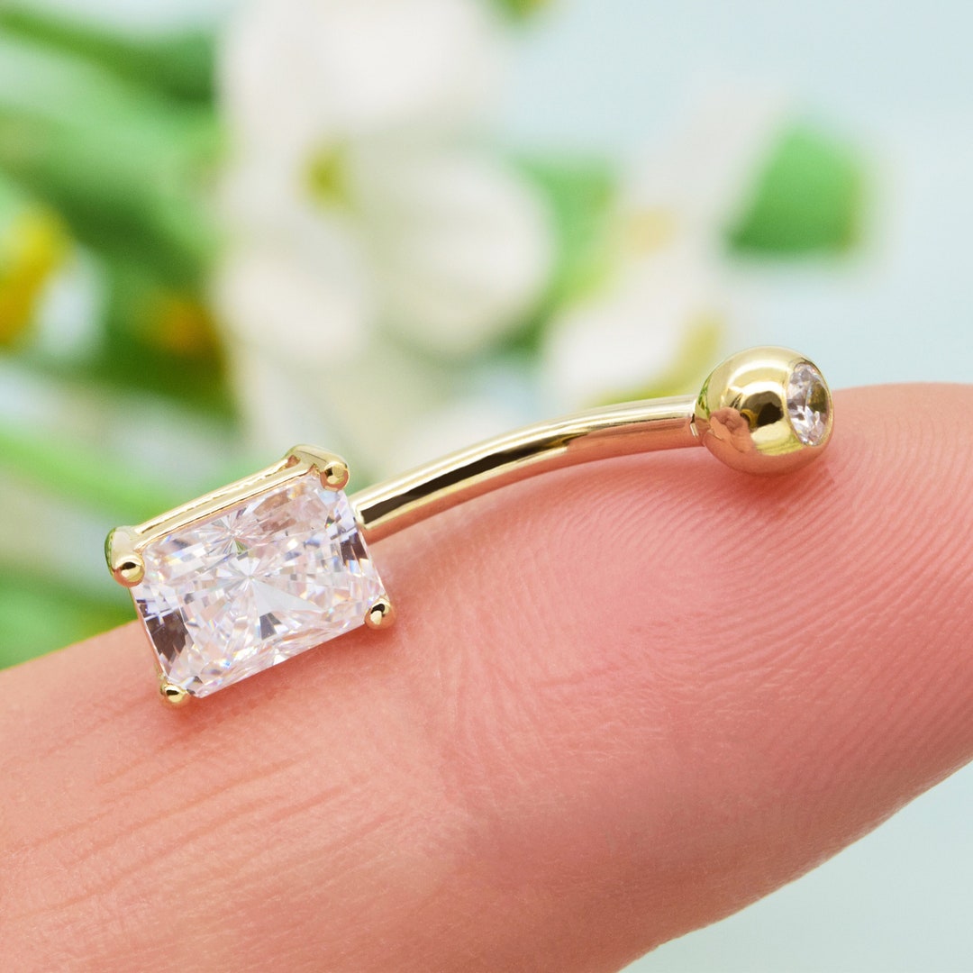 14k Solid Gold Belly Button Ring Navel Piercing Rectangular Shape Two ...