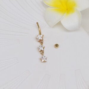14k Solid Gold Dangle Star Belly Button Ring Triple Stars Belly Button ...