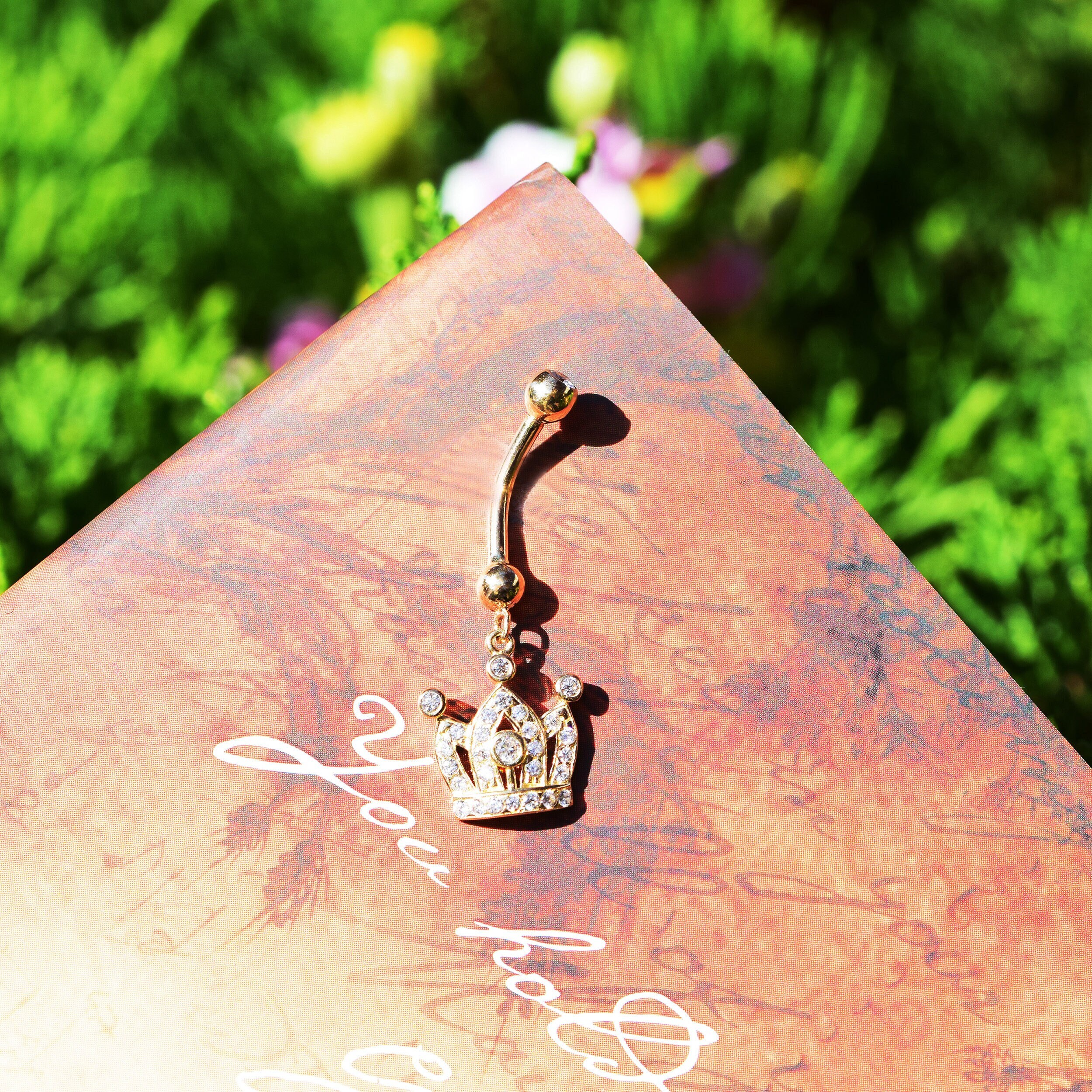 14k Solid Gold Crown Belly Button Ring Crown Dangle Navel Ring | Etsy
