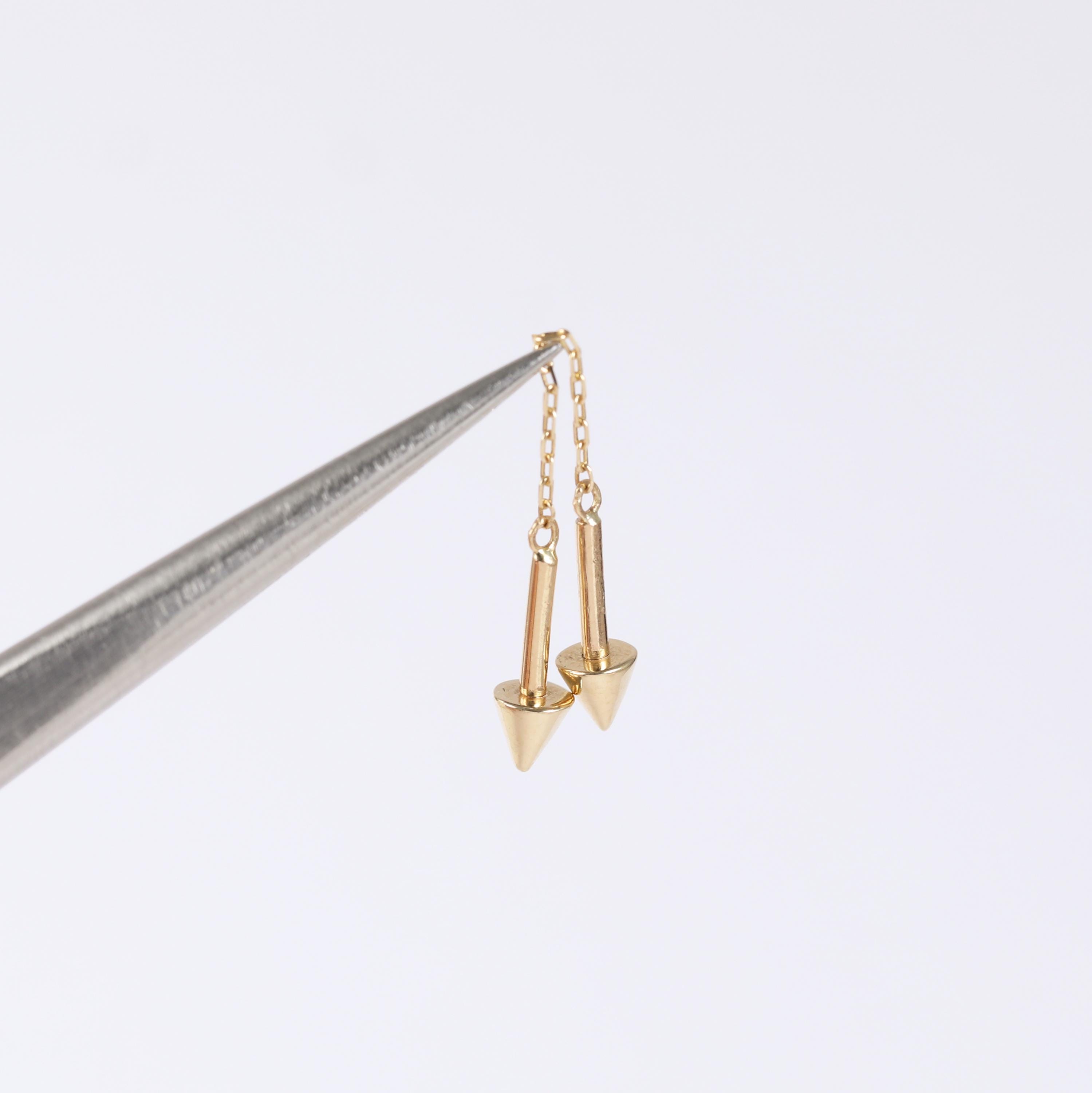 14k Solid Gold Cone Spike Industrial Chain Earring Externally Threaded ...