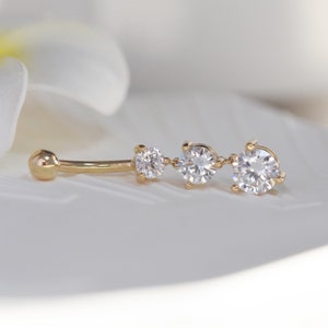 14k Solid Gold Dangle Belly Button Ring Three Stone Navel Piercing Gold ...