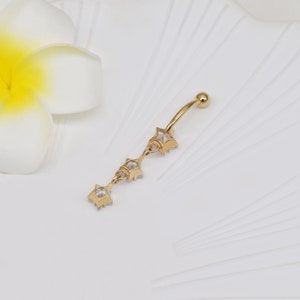 14k Solid Gold Dangle Star Belly Button Ring Triple Stars Belly Button ...