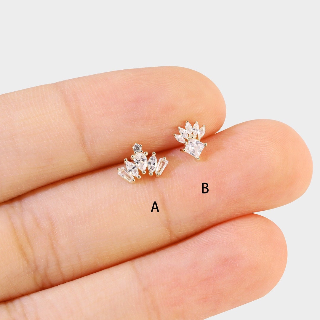 14k Solid Gold Sparkle Curved Crown Stud Earring Marquise Crown Ear ...