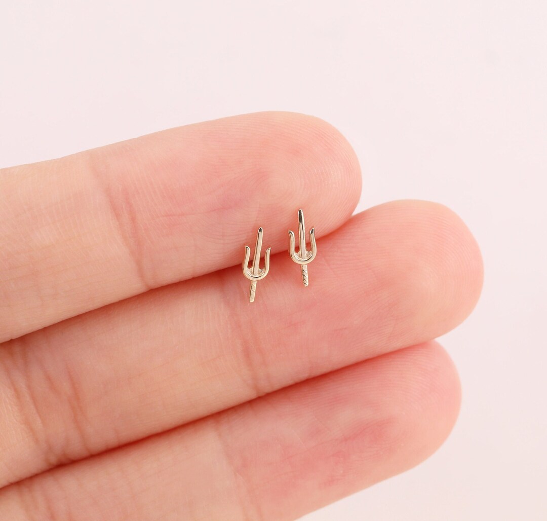 14k Solid Gold Trident Stud Earring Tiny Neptune Ruling Planet ...
