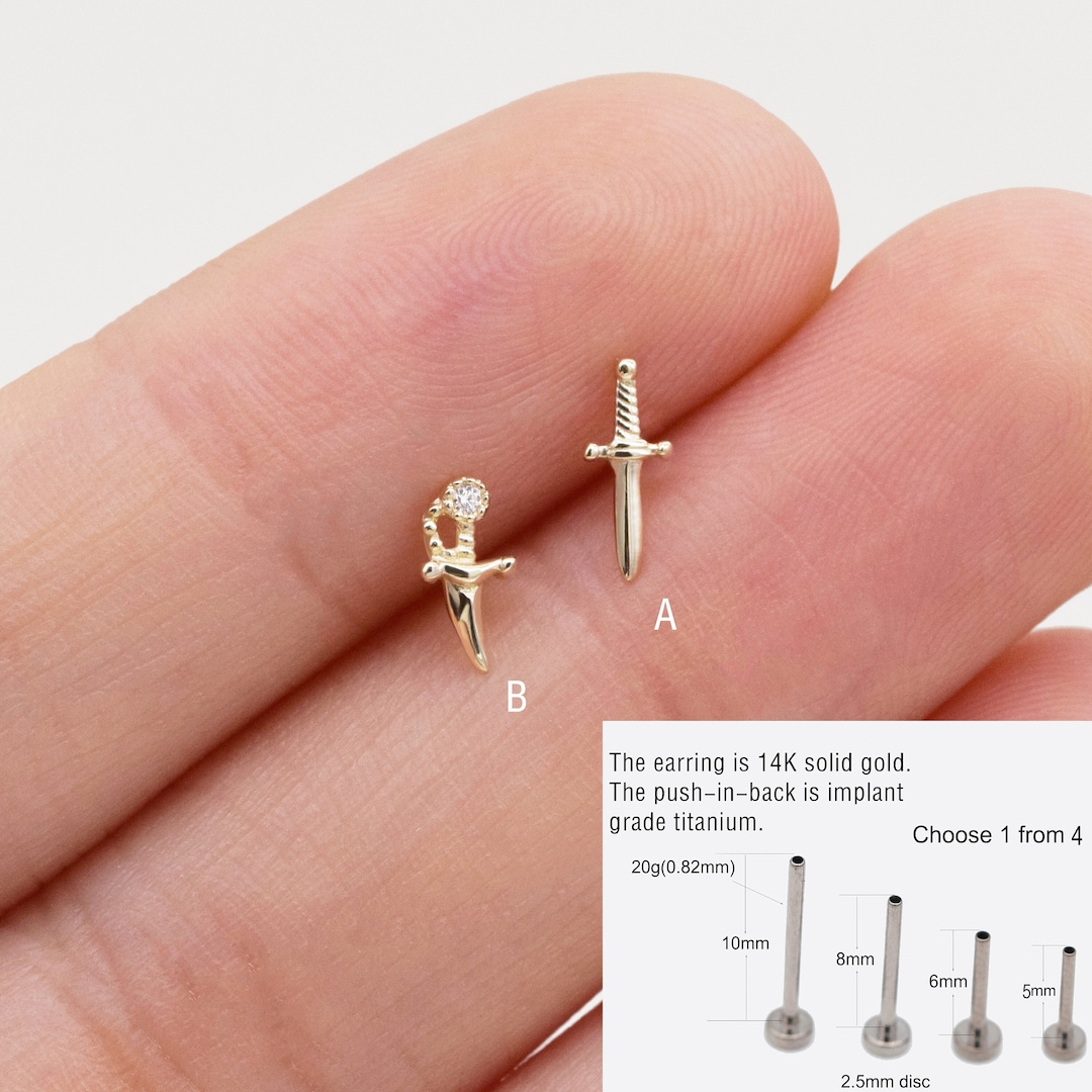 14k Solid Gold Sword Stud Earring Dainty Dagger Cartilage Stud Machete ...