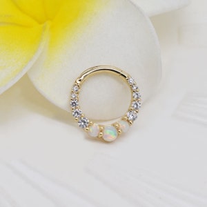 14k Solid Gold Opal Septum Ring Opal Nose Ring Tragus Ring Helix Clicker Cartilage Daith Ring ...