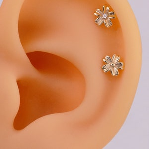 14k Solid Gold Tiny Flower Stud Piercing Minimalist Floral Earring ...