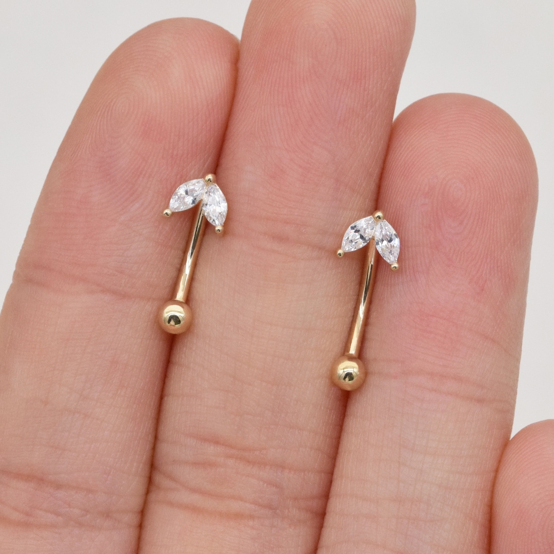 14K Solid Gold Marquise Stone Rook Piercing Leaf Eyebrow Piercing ...