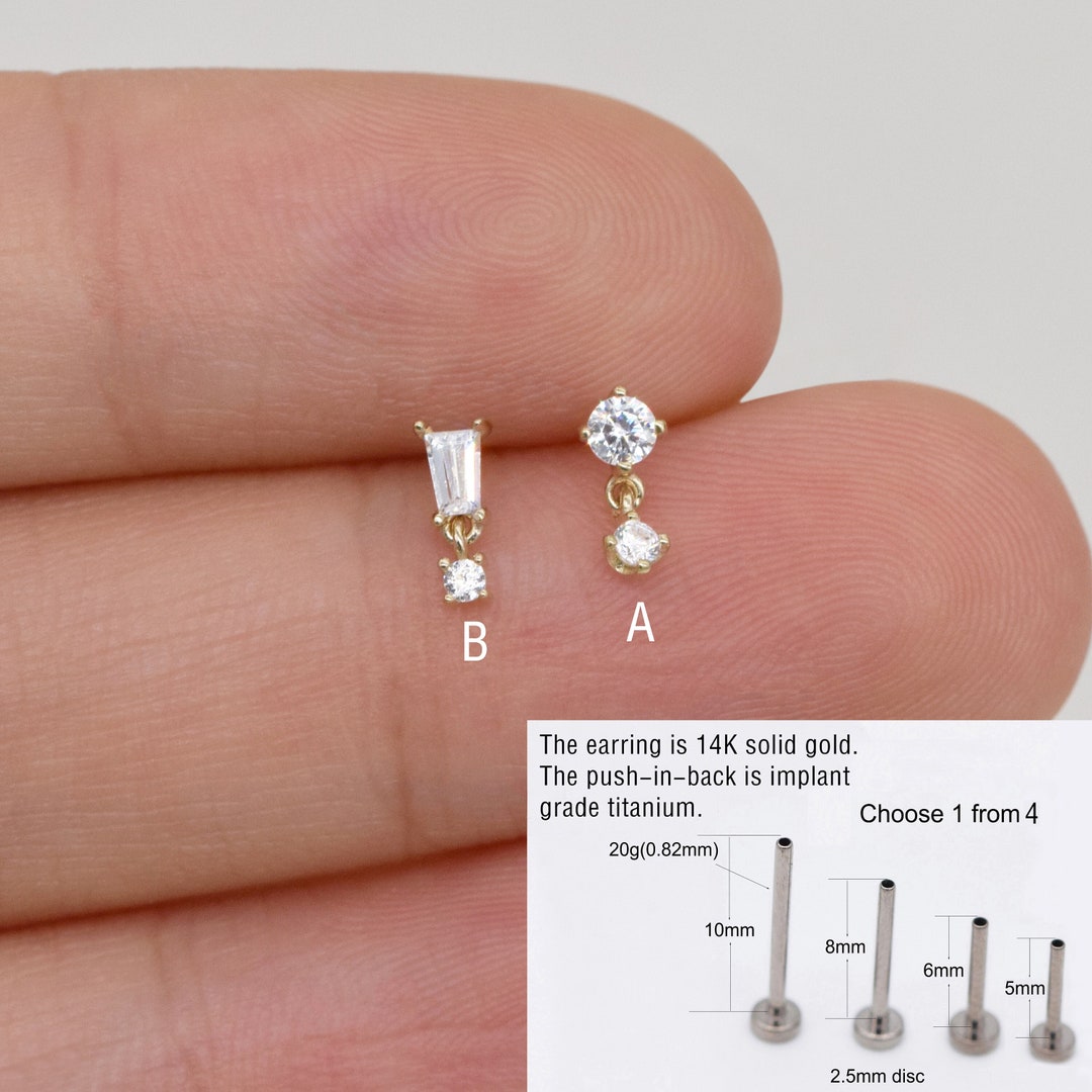 14k Solid Gold Dangle Stud Earring Dainty Charm Earring Tiny Hanging ...