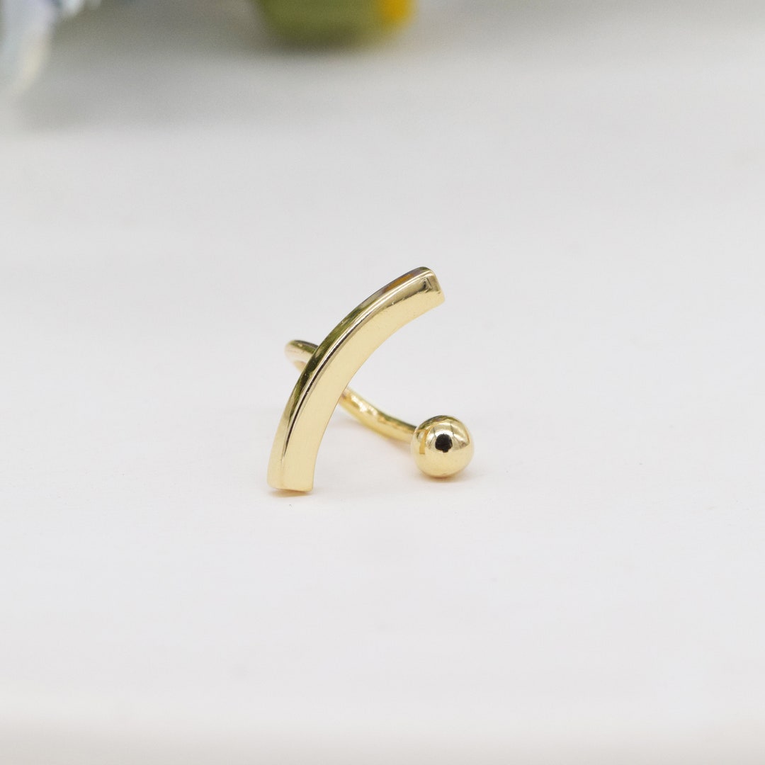 14k Solid Gold Curved Bar Open Huggie Hoop Earring Screw Ball Helix ...