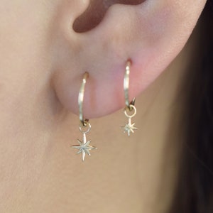 14K Solid Gold Charm Earring 8 Point Star Charm Cartilage Hoop Charm ...