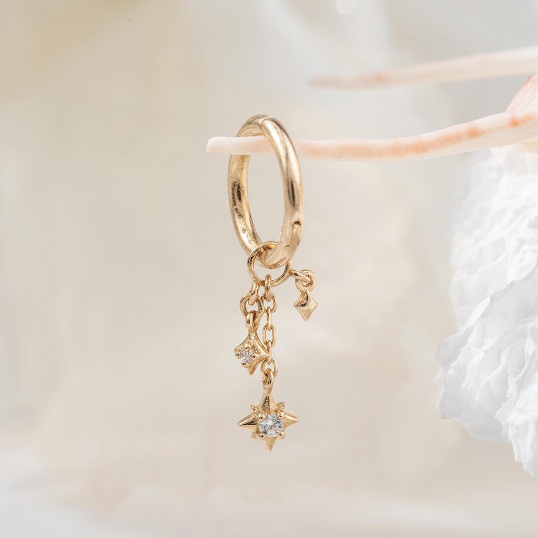 14K Solid Gold Dangle Star Chain Charm Triple Star Chain Charm Tragus ...