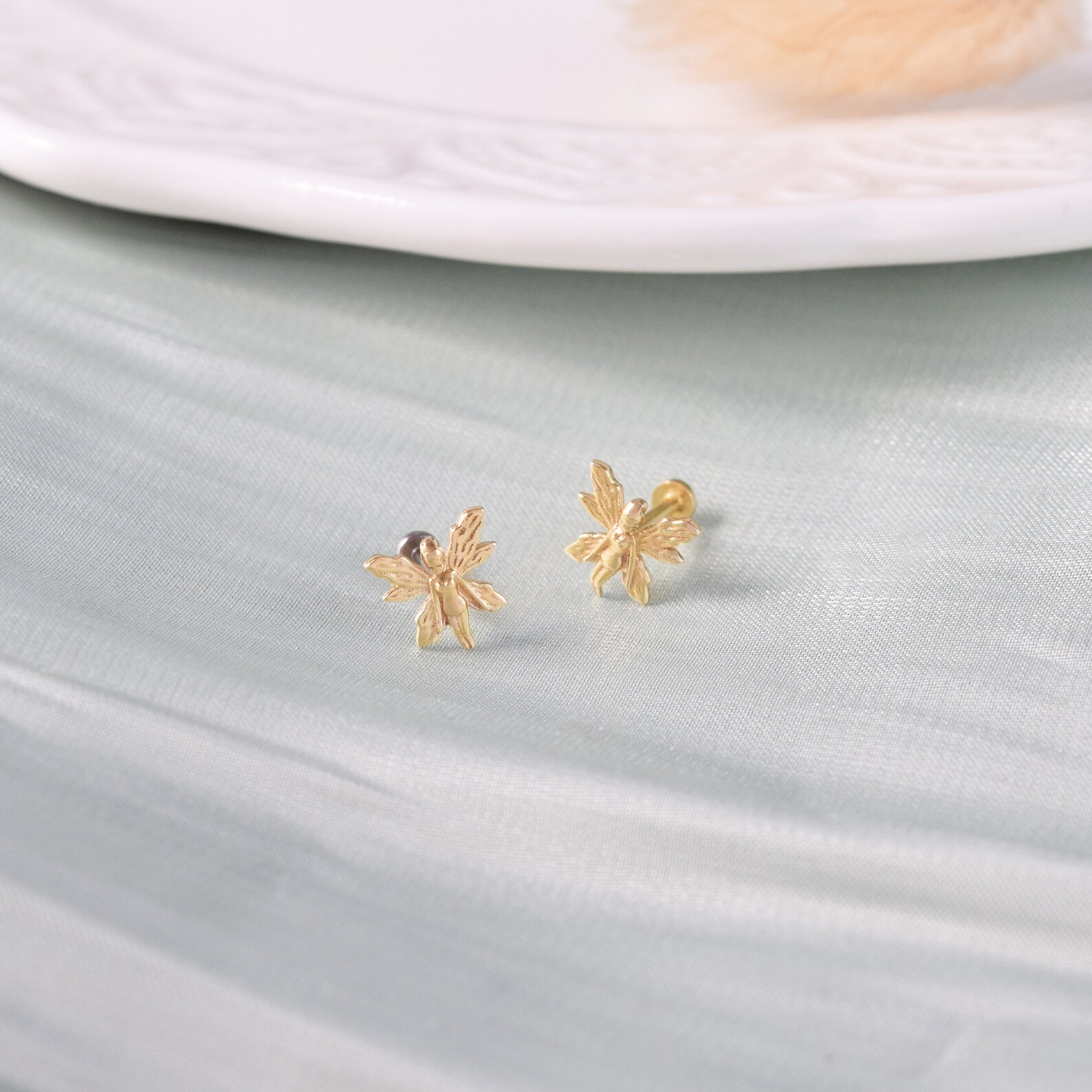 14k Solid Gold Elf Fairy Stud Earring Tiny Fairy Cartilage Earring ...
