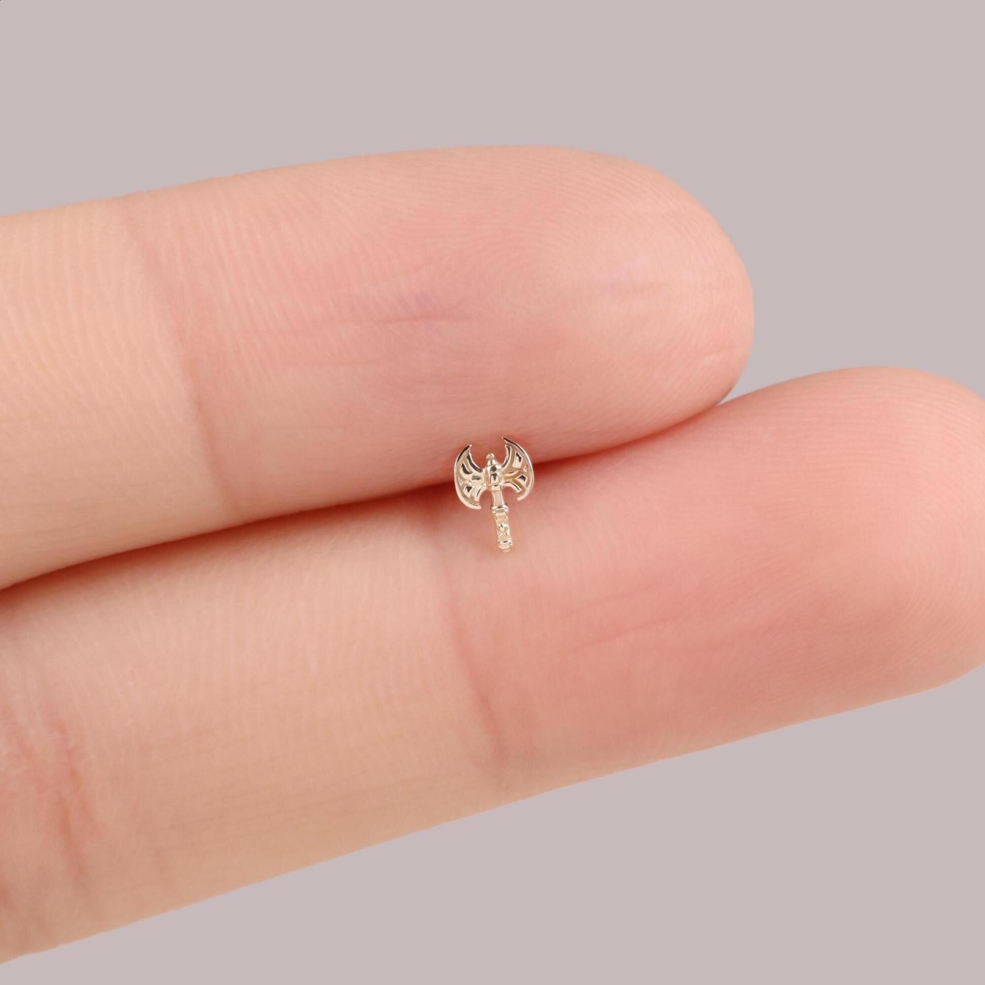 14k Solid Gold Double Headed Axe Helix Threadless Push Pin Stud Axe ...