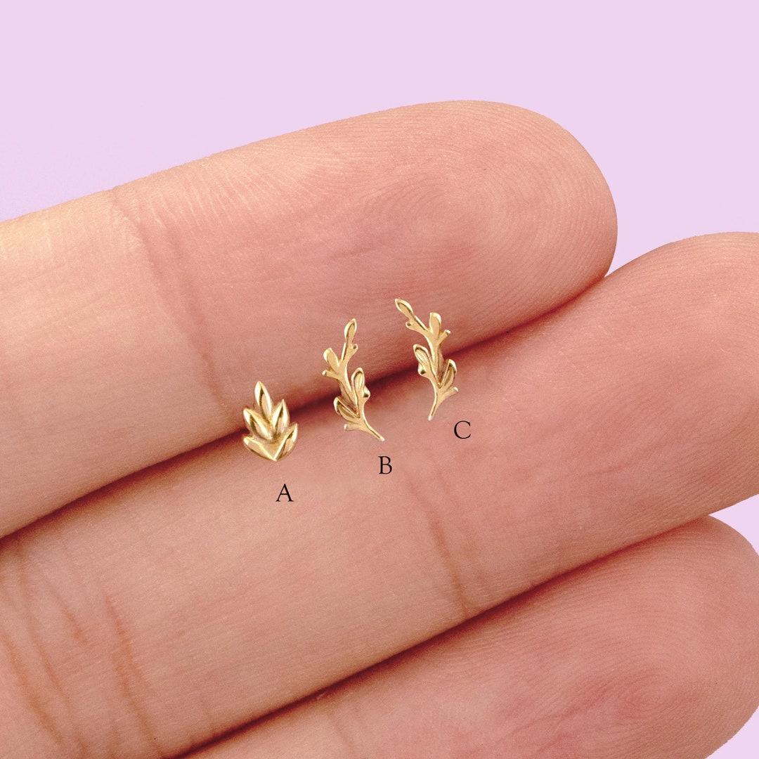14K Solid Gold Olive Leaf Stud Earring Branch Cartilage Earring Tiny Leaves Helix Stud Conch ...